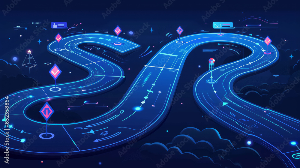 ภาพประกอบสต็อก Start and finish line with checkpoint signs on a roadmap ...