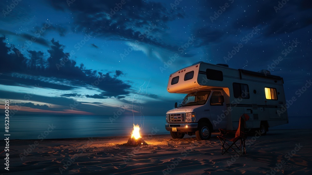 RV Park Campfire in Front of Motorhome Pitch. Summer Camping with ...