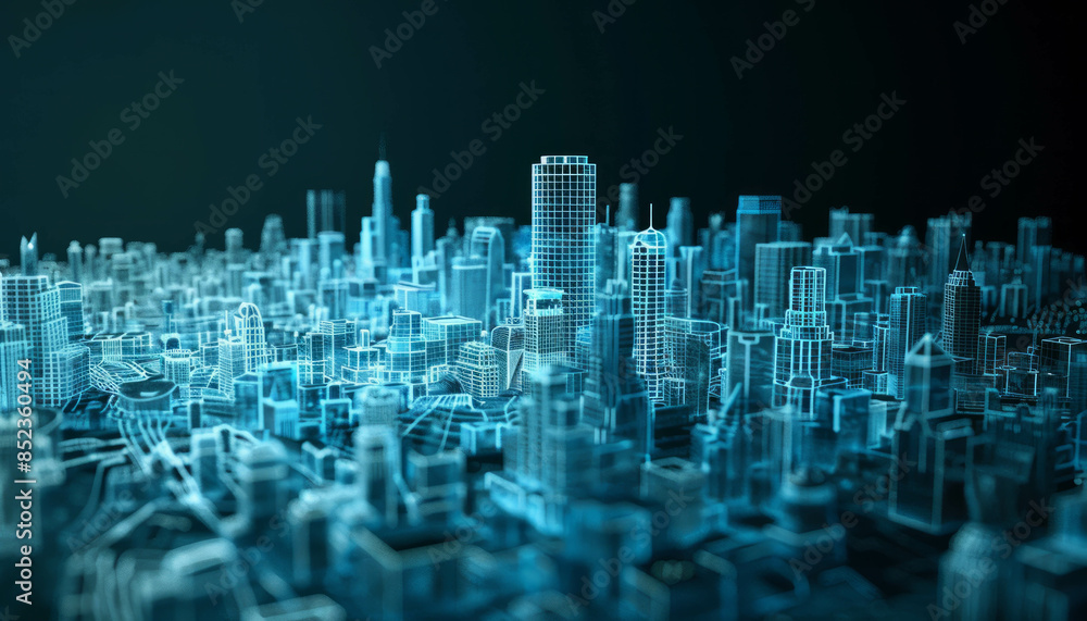 City architecture captured in full screen, X-ray style with light blue ...