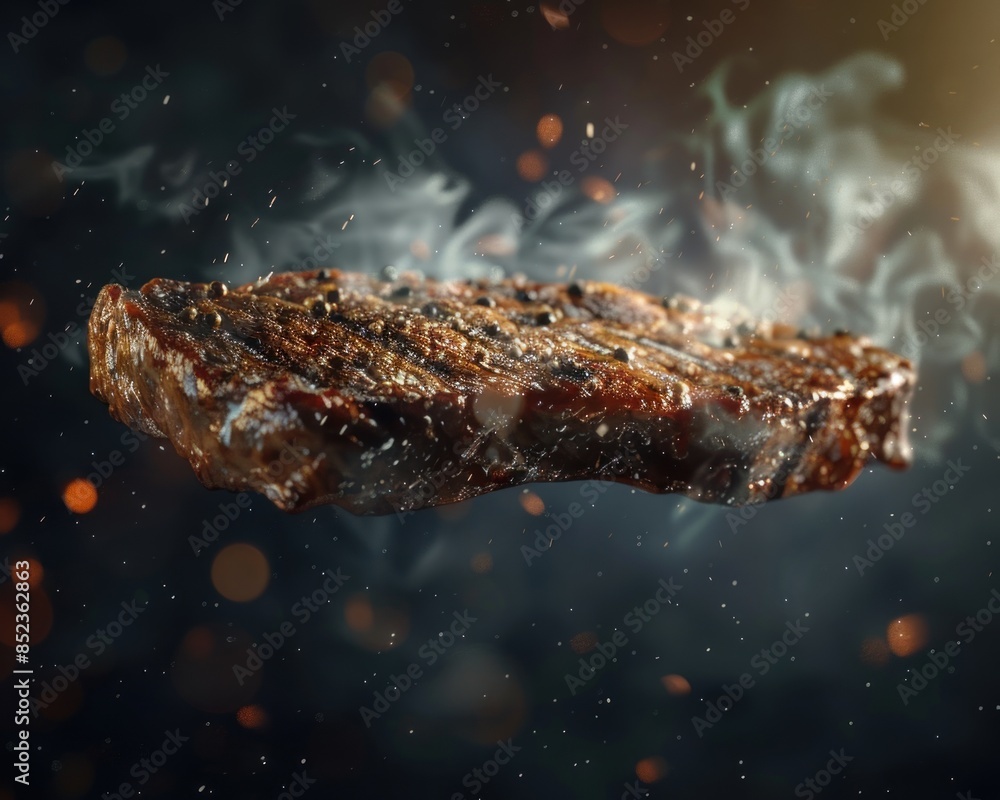 Grill Pork Chops Beef steaks, realistic 3d brisket flying in the air ...