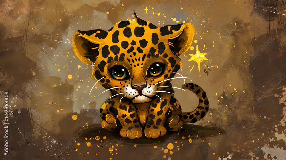 Cute Cartoon Leopard Cub Illustration with Gold Glitter Background ...