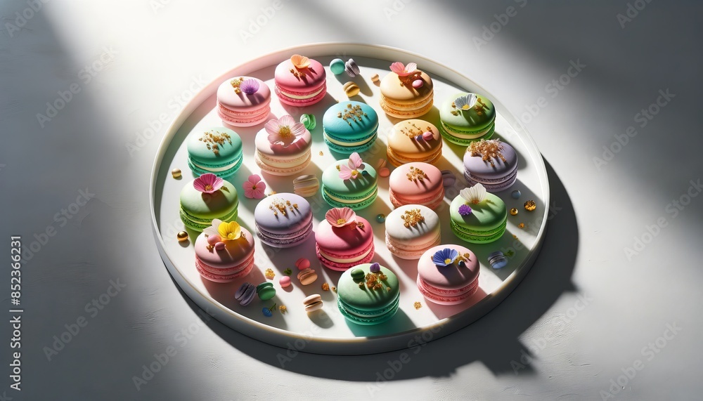 An array of brightly colored macarons, each decorated with tiny edible ...