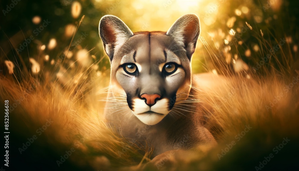 A close-up portrait of a puma lying in tall grass, capturing its ...
