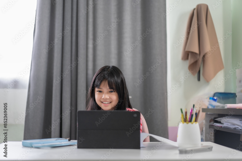 study online class by asian child back to school and smile on computer ...