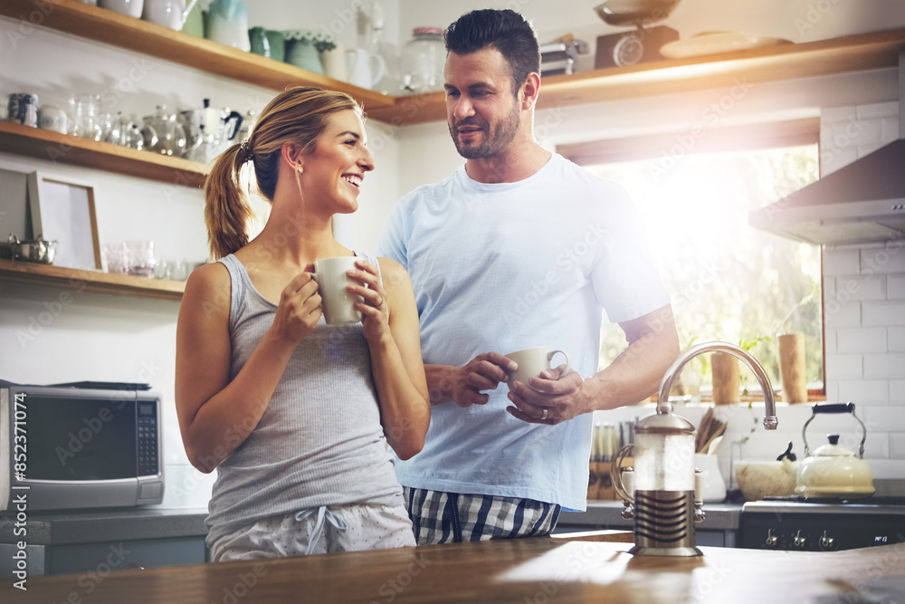 Happy, couple and drinking coffee in home kitchen for conversation ...