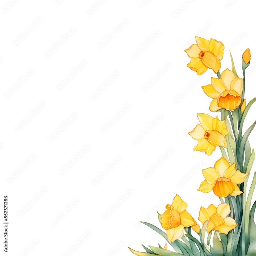 Watercolor Daffodil Border Clipart with Yellow Blooming Flowers along ...