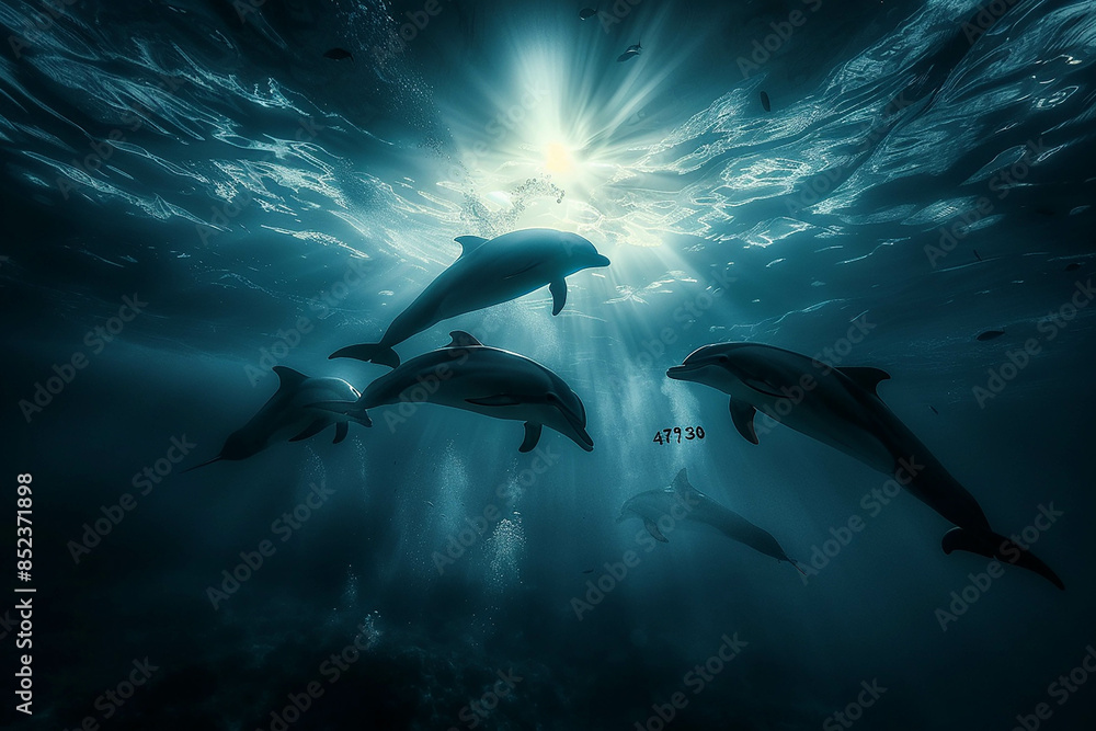 Dolphins and dolphins swimming in the blue ocean, underwater ...