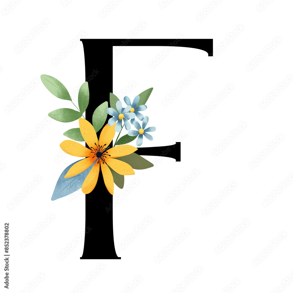 ภาพประกอบสต็อก Letter F, floral monogram with watercolor flowers and ...