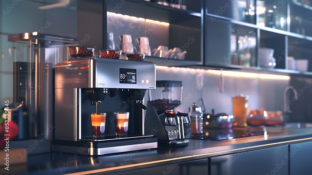 A contemporary kitchen with a smart coffee station featuring a bean-to ...