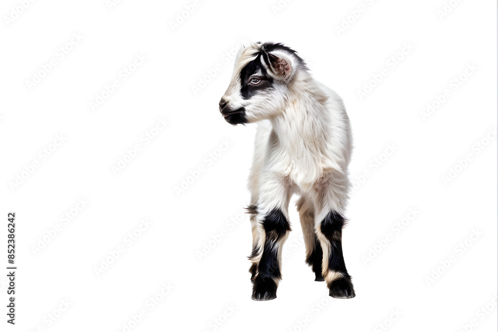 Side view of a Black and white kid of a Tibetan Pygmy Goat, isolated on ...