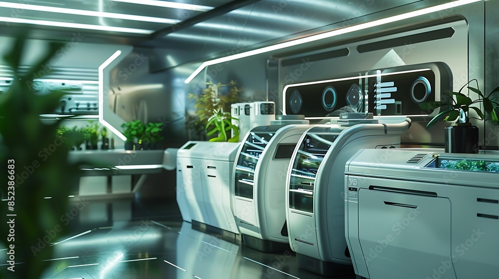 A futuristic kitchen scene showcasing a smart food waste management ...