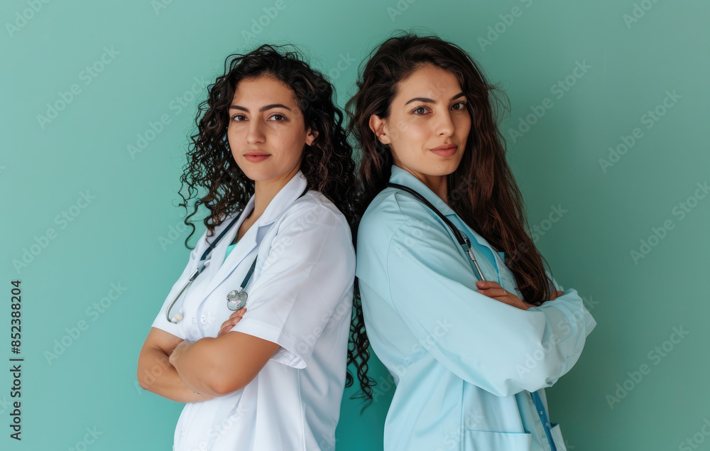 Two beautiful female doctors standing back to back to each other, one ...