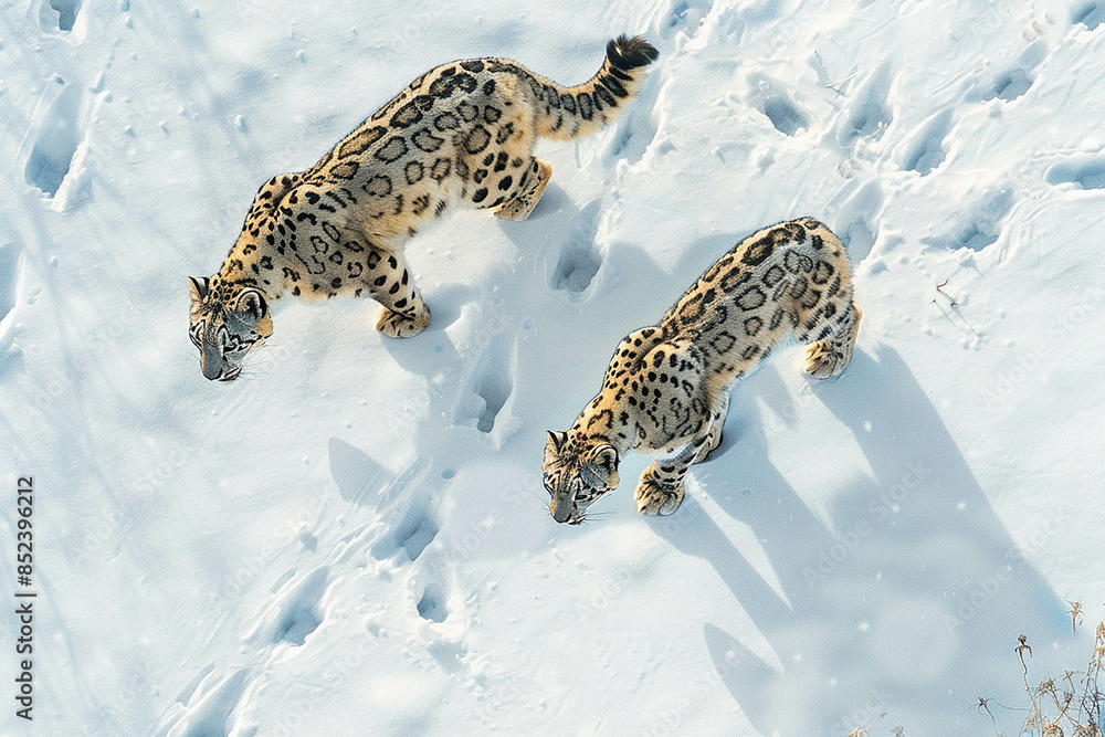 Two snow leopards walking on the white snow, leaving footprints in it ...