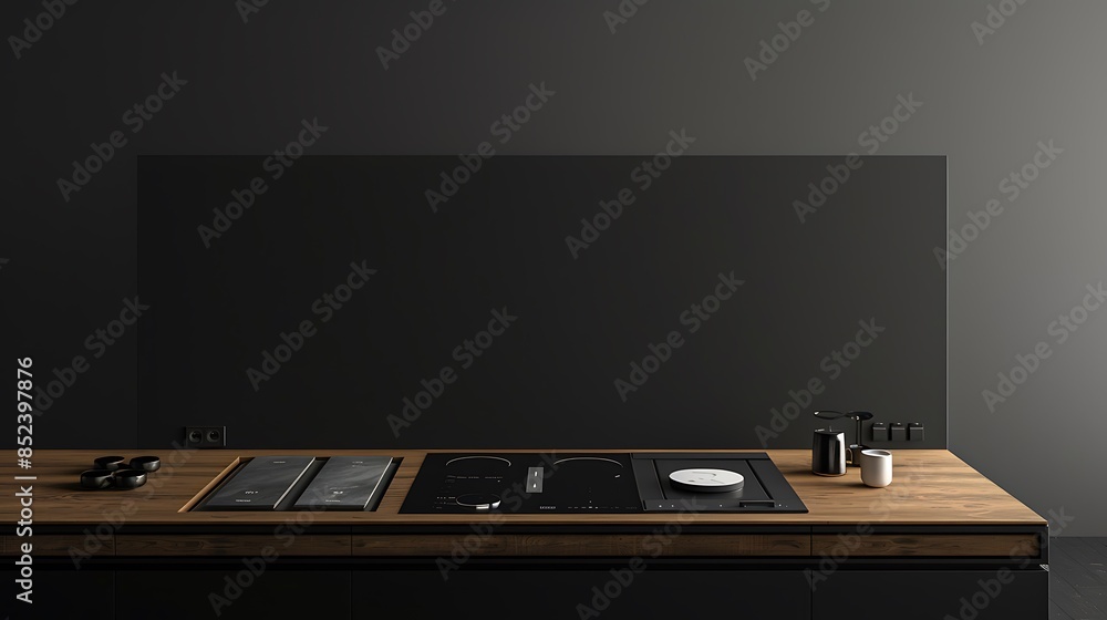Foto de A minimalist kitchen featuring a floating breakfast bar with a ...