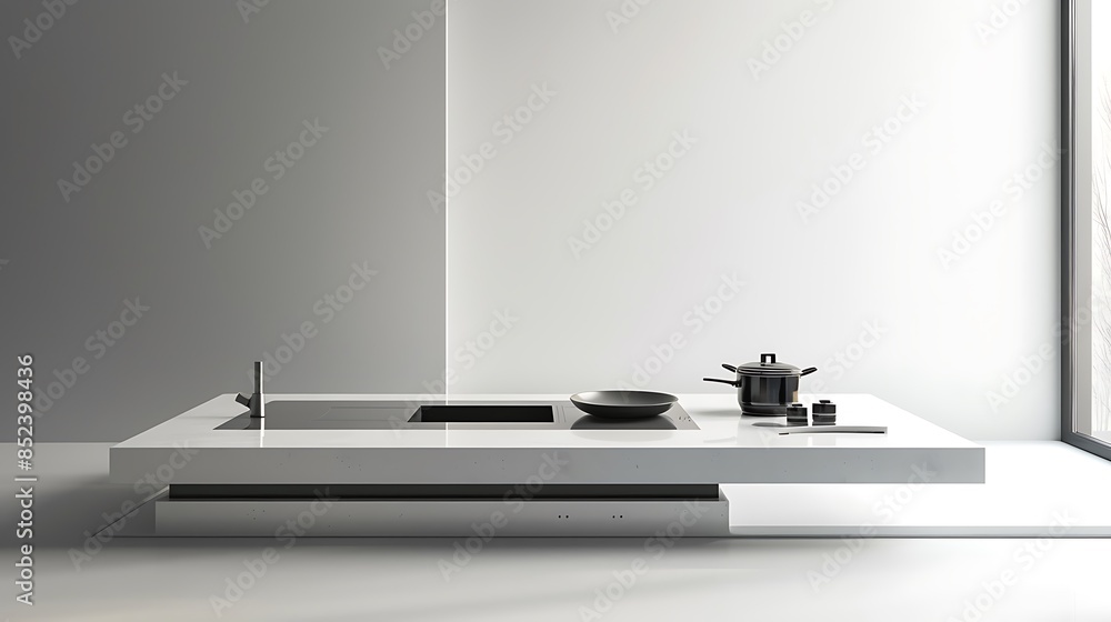 A minimalist kitchen with a floating island equipped with a retractable ...