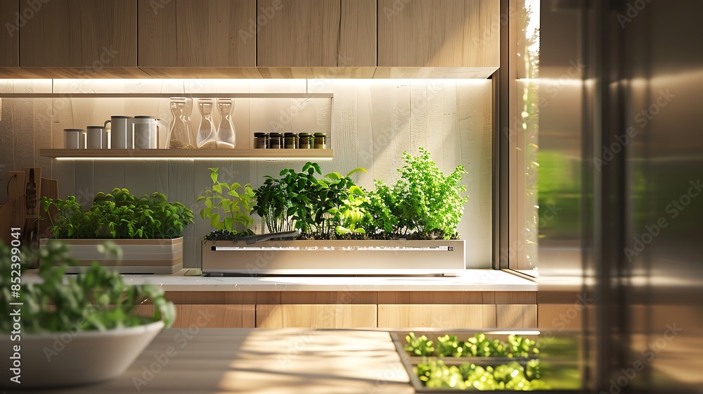 A modern kitchen featuring a smart countertop garden with integrated ...
