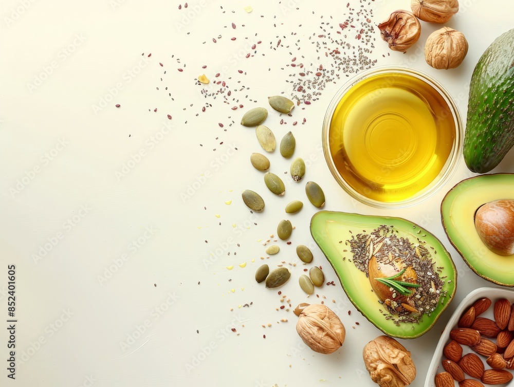 Assorted healthy fats food selection with avocado, nuts, seeds, and ...