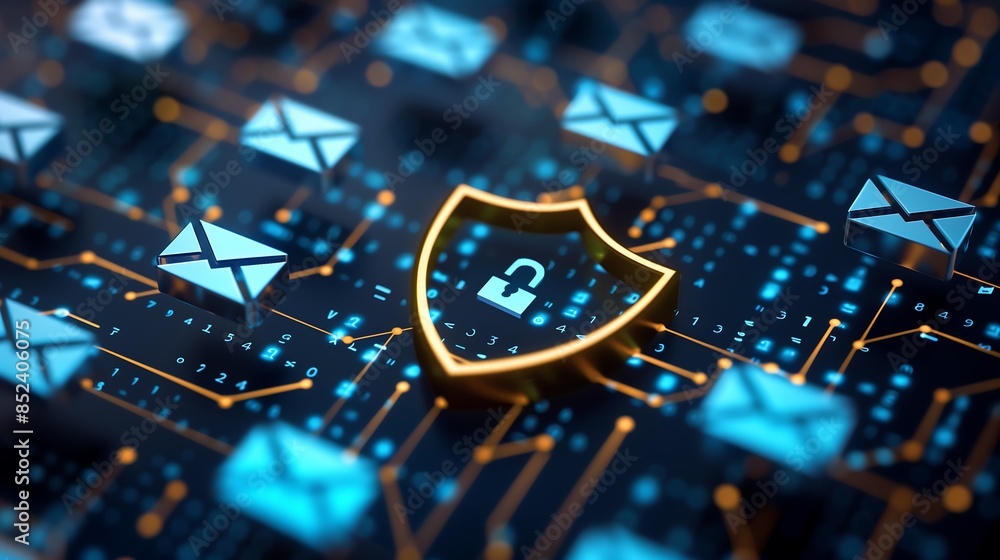 Digital shield icon with unlocked padlock surrounded by email icons on ...