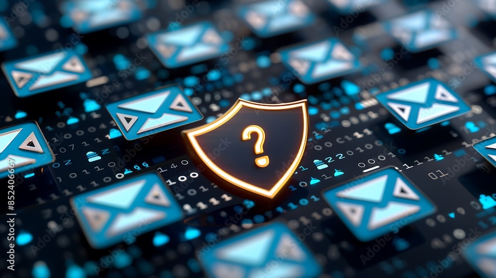 Futuristic cybersecurity shield icon with binary code and warning symbols surrounded by email ...