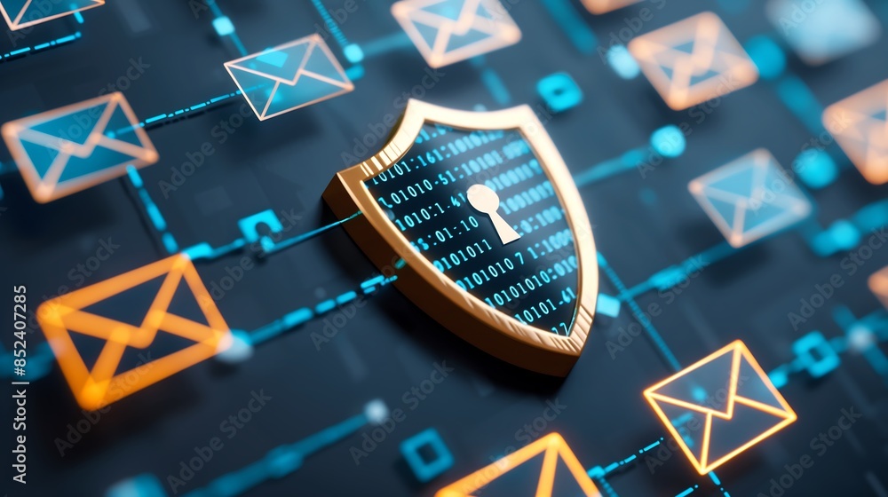 High-tech digital shield with binary code and warning symbols ...