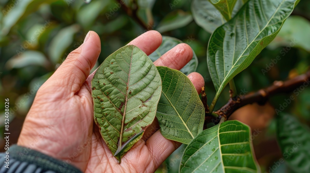 A hand displaying guava leaves impacted by leaf measles leaf disorders ...