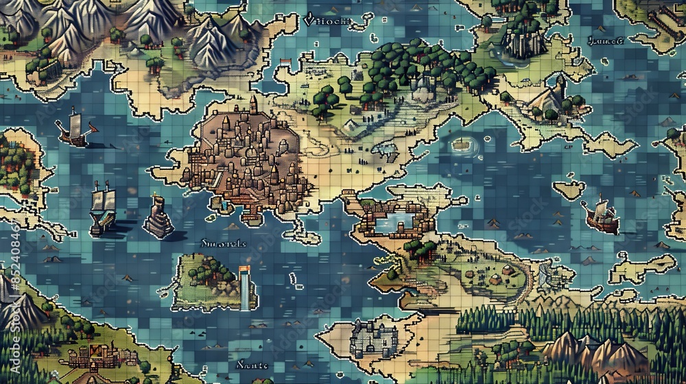 A detailed and vibrant fantasy map viewed from above, showcasing ...