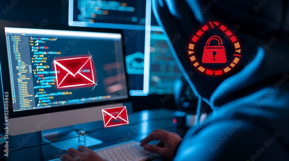 Suspicious email interface on computer screen with red alert symbols ...