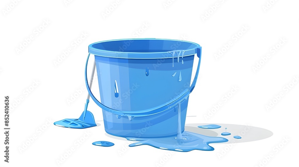 blue plastic bucket filled water from trickle leaking water spilled on ...