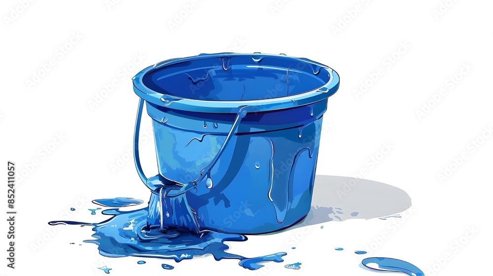 blue plastic bucket filled water from trickle leaking water spilled on ...