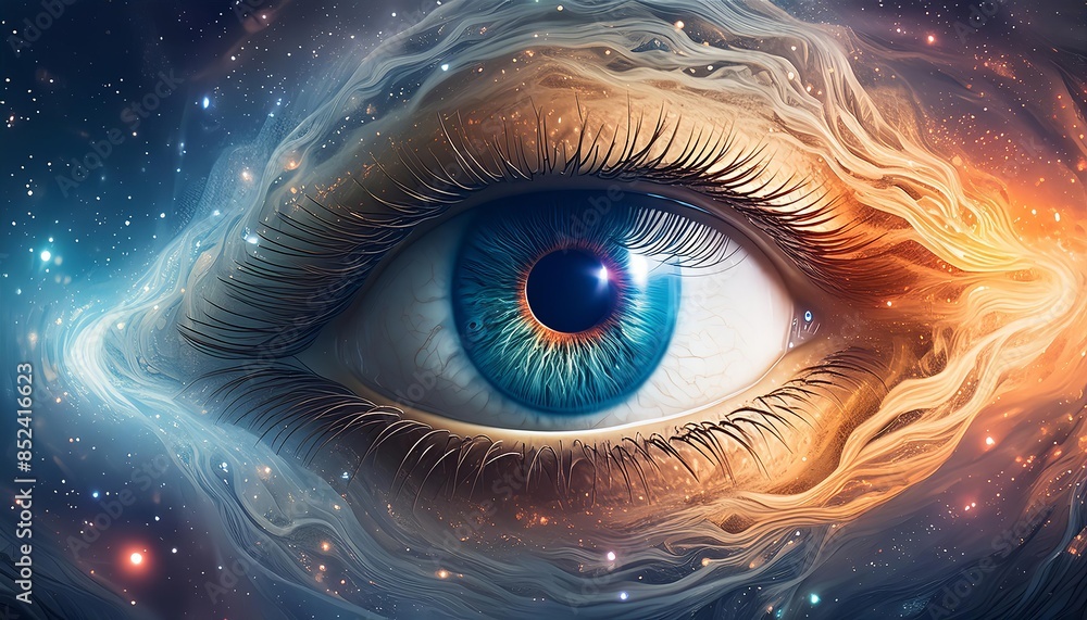 Surreal eye with one half depicting a cosmic scene and the other an ...