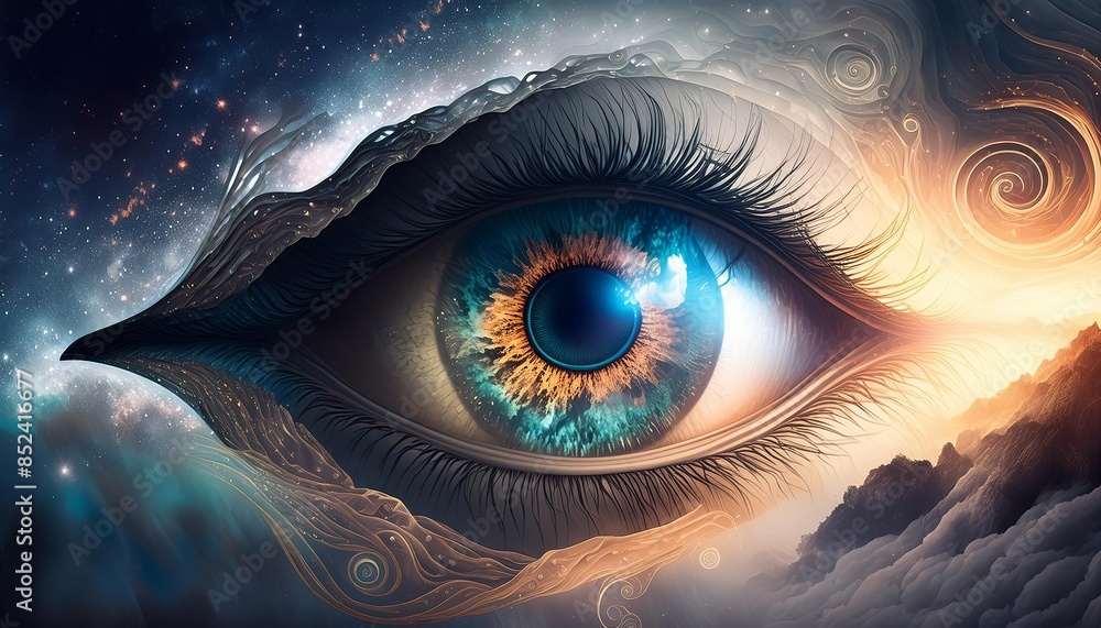 Surreal eye with one half depicting a cosmic scene and the other an ...