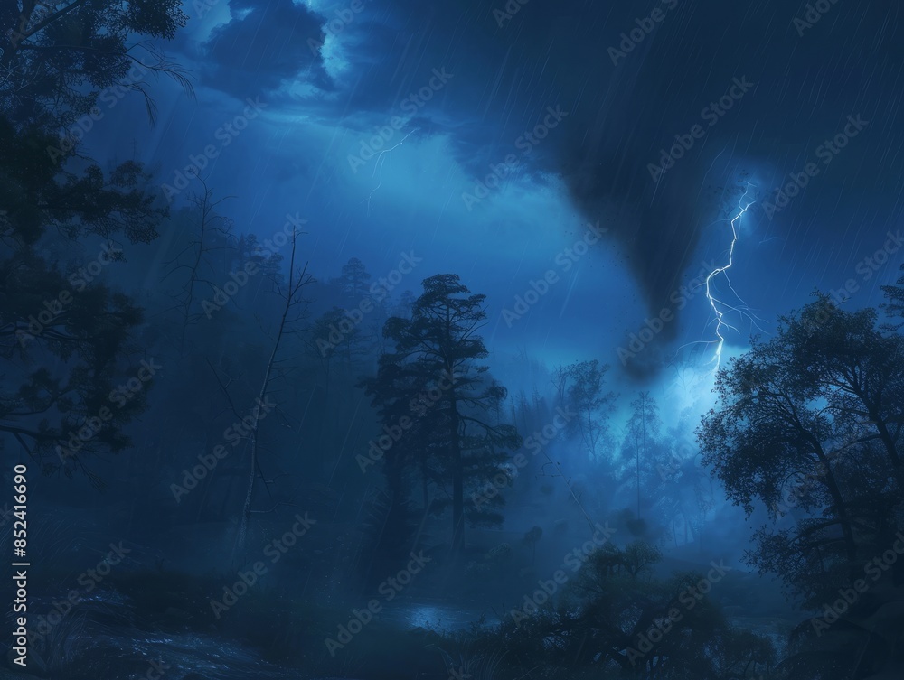 dramatic and powerful tornado. Lightning thunderstorm flash over the ...