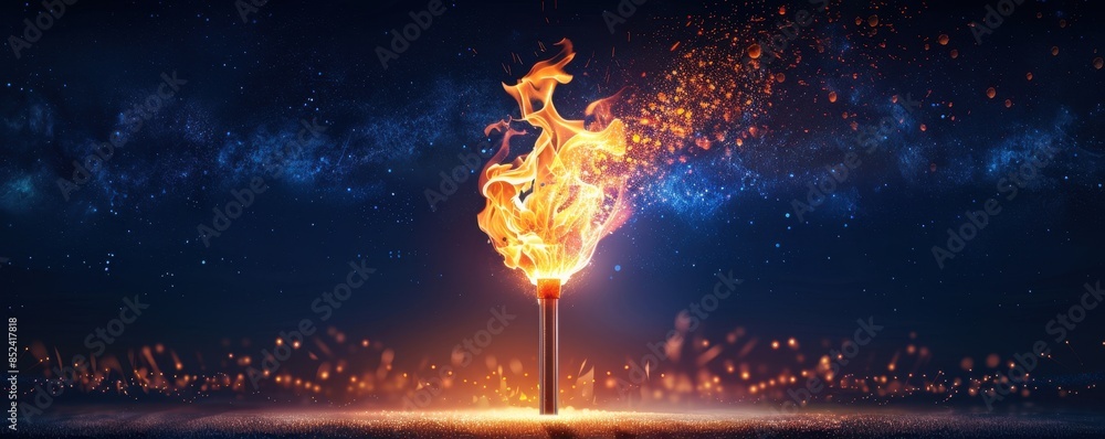 Dynamic fiery matchstick against a starry night sky, exuding energy and ...
