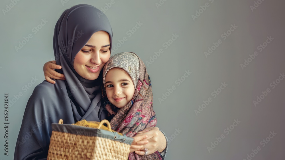 Smiling muslim mother wearing a hijab doing a family arts and crafts ...