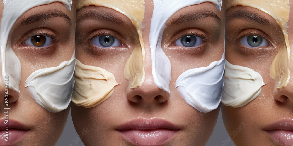 Different types of skin cream are shown on the different faces Stock ...