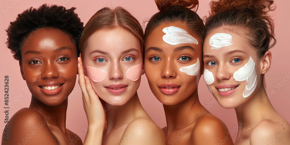 Different types of skin cream are shown on the different faces Stock ...