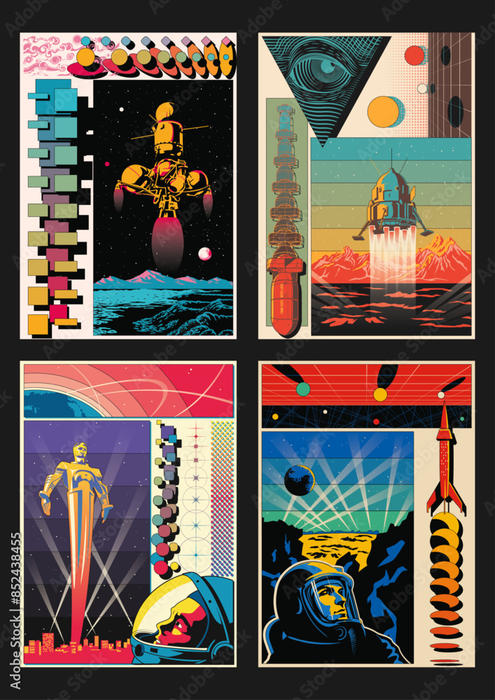Abstract Cosmic Illustrations, Spacecrafts, Astronauts, Planets ...