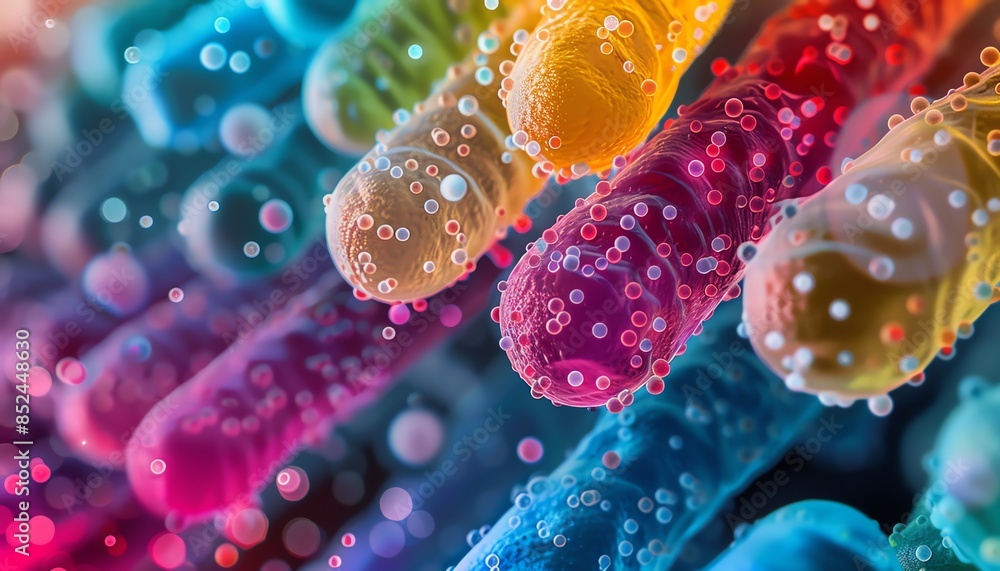 Colorful bacteria floating in a vibrant microscopic environment Stock ...