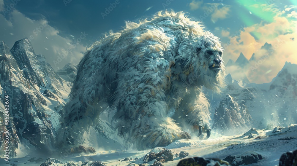Amidst an Arctic landscape, a massive yeti strides through snow-covered ...