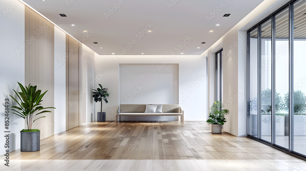 natural materials high ceilings and floor to ceiling Empty blank room ...