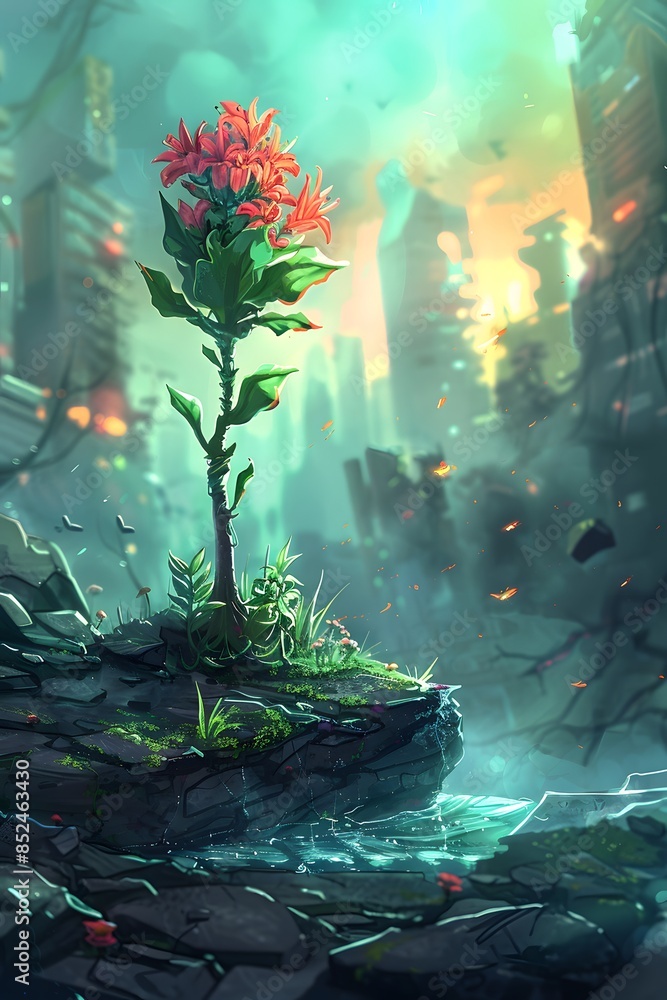 2D Illustrate, Poisonous plants blooming in a post-apocalyptic ...