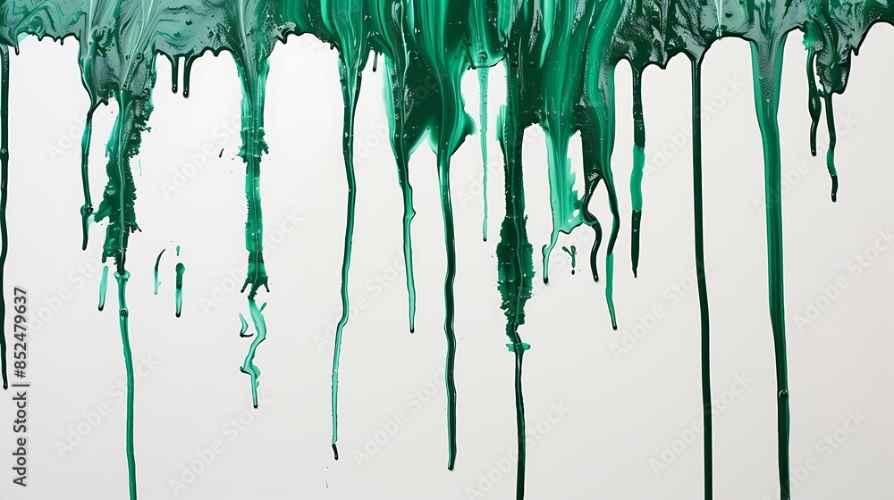 Emerald green paint drips down a blank white surface, creating ...