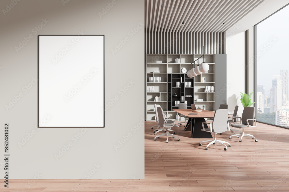 Office meeting room interior with table and chairs, window. Mock up ...