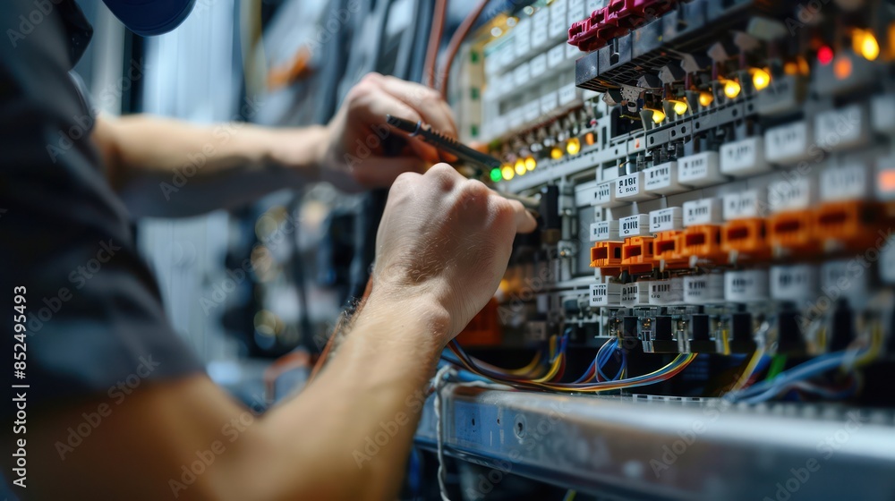 Engineer hand holding AC voltmeter checking electric current voltage at ...