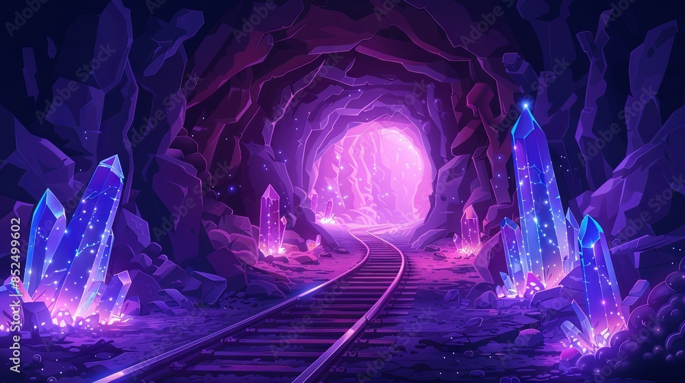 Crystal-filled mine cave cartoon game background. Underground tunnel ...