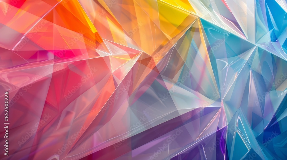 Vibrant overlapping geometric prisms create a layered 3D effect with a ...