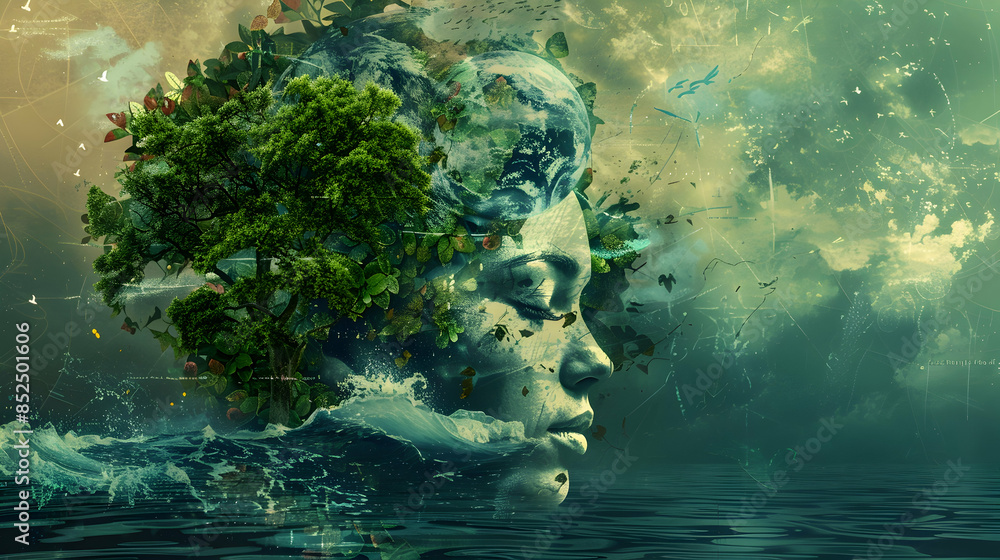 Abstract Illustration of a Human Face Made of Nature Elements with ...
