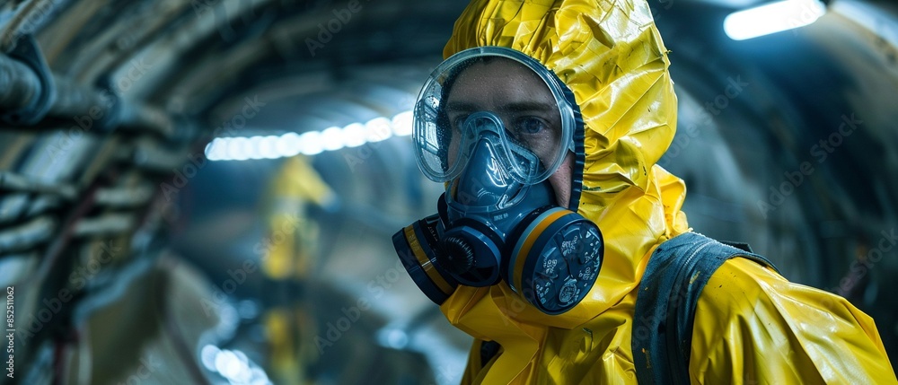 A sewage cleanup worker wearing protective clothing and a mask ...