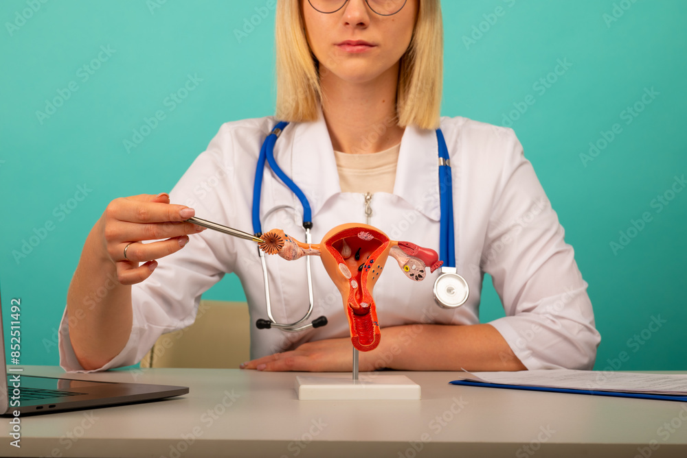 Doctor gynecologist showing pen on anatomical model of uterus and ...