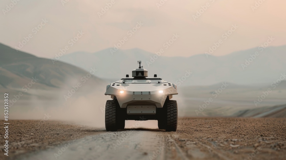 An unmanned combat vehicle patrols a deserted battlefield with AI ...
